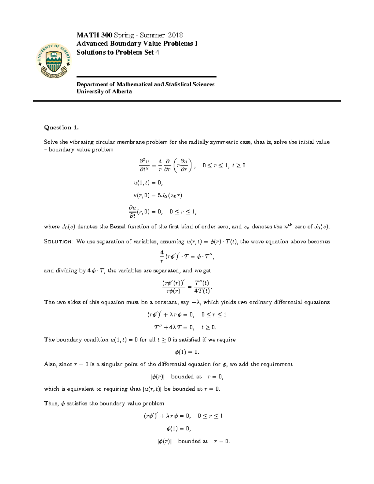 Solns prob4 - MATH 300 Spring - Summer 2018 Advanced Boundary Value ...