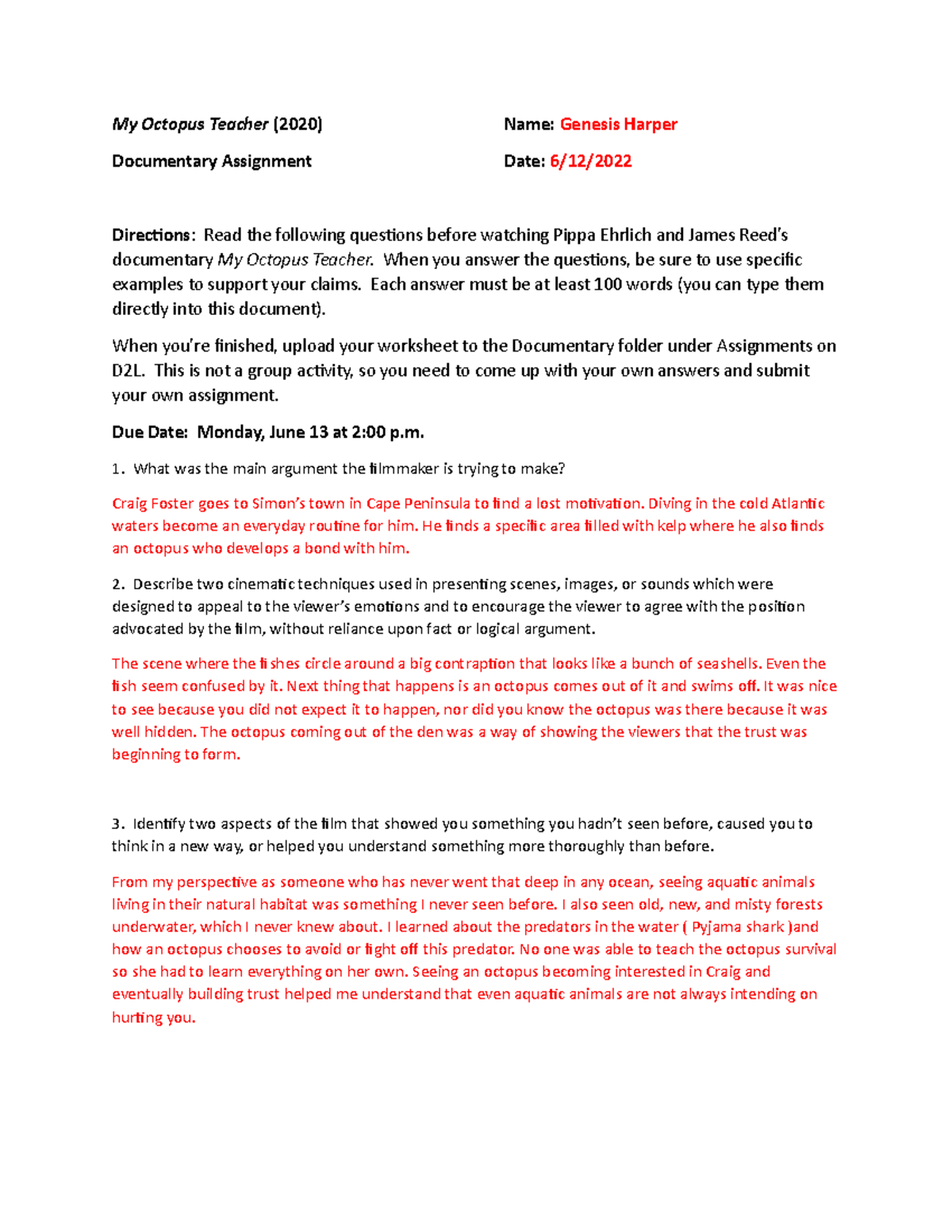 My Octopus Teacher Activity Questions - My Octopus Teacher (2020) Name ...