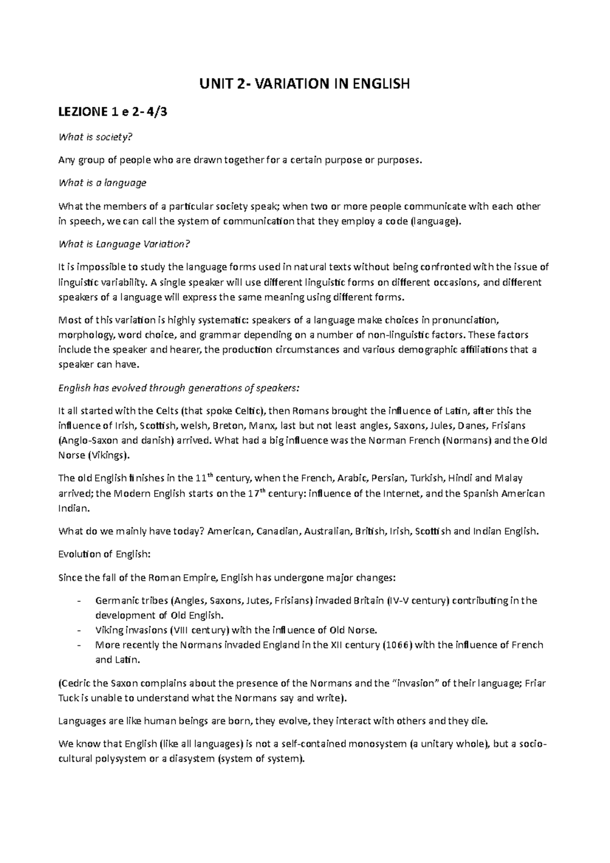 Appunti di Inglese 1 (mediazione linguistica) - UNIT 2- VARIATION IN ENGLISH LEZIONE 1 e 2- 4 ...