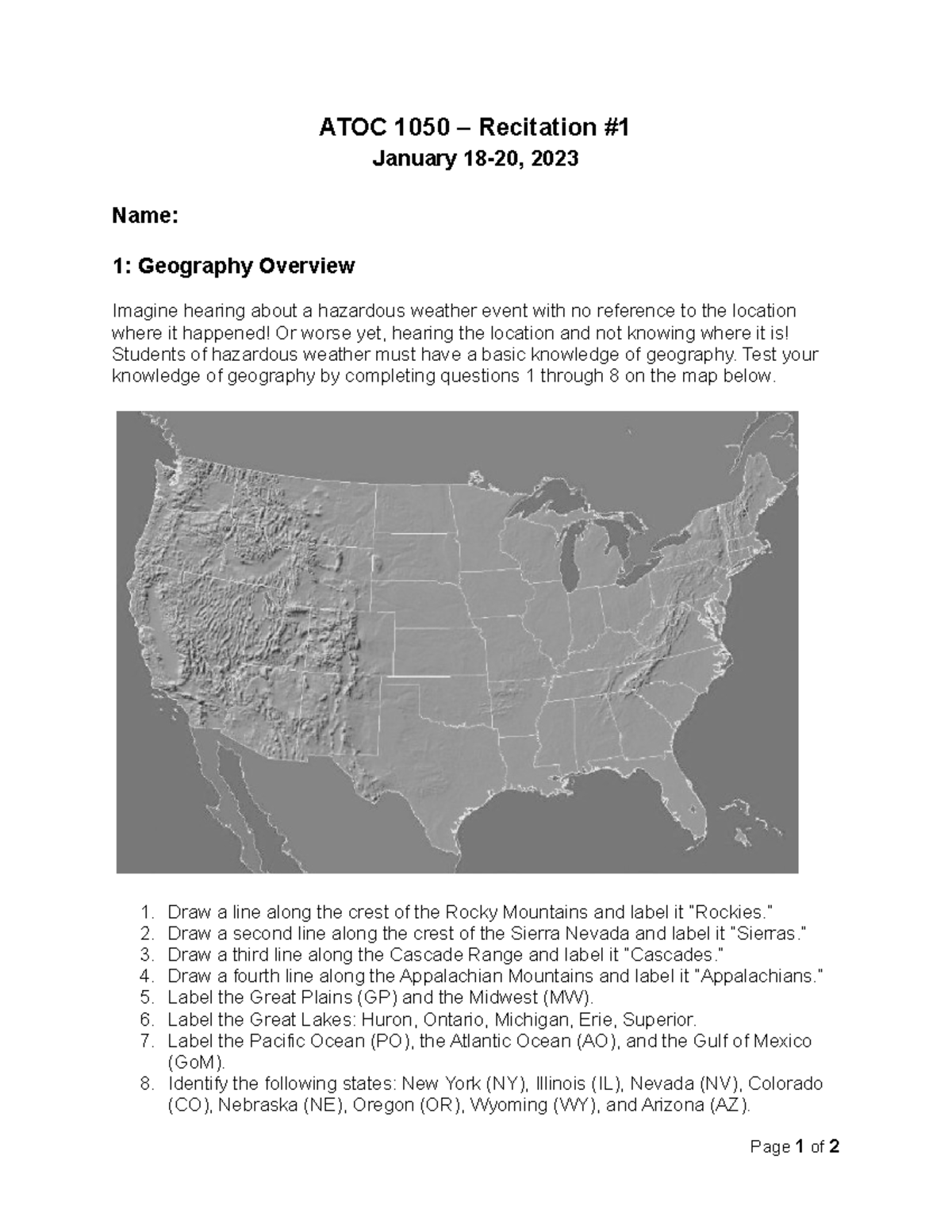 Recitation week1 - ATOC 1050 – Recitation January 18-20, 2023 Name: 1 ...