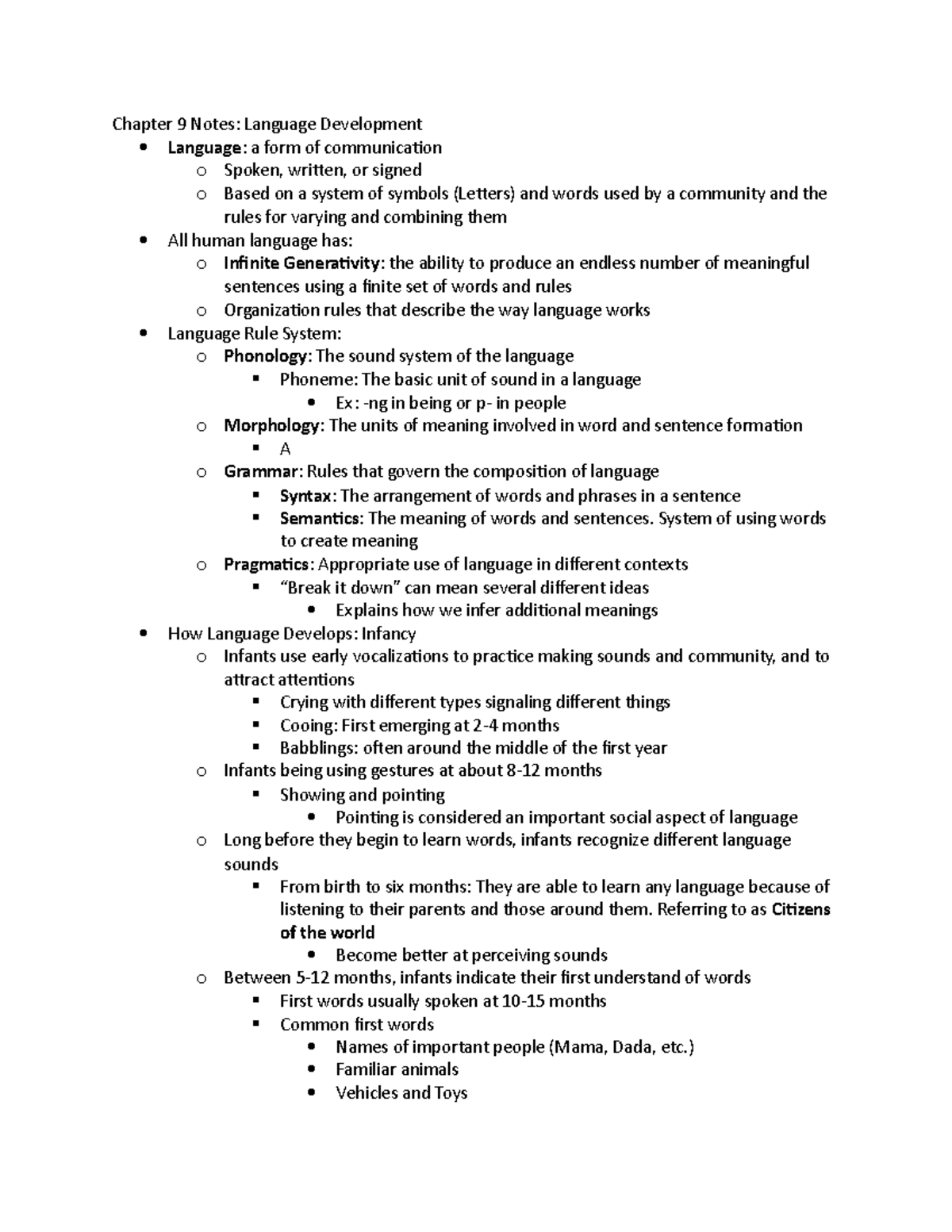 Chapter 9 Notes - Chapter 9 Notes: Language Development Language: a ...