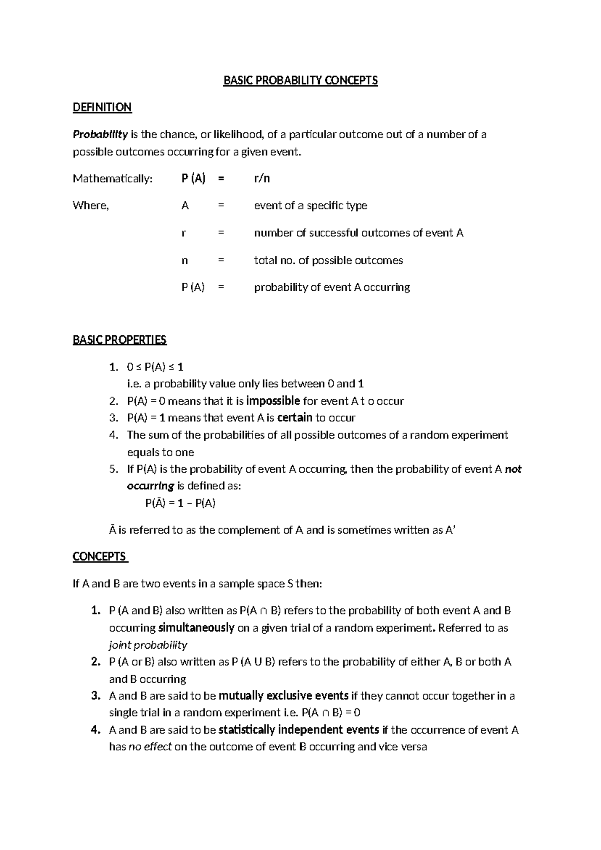 Probability - Summary Business Maths - BASIC PROBABILITY CONCEPTS DEFINITION Probability is the ...