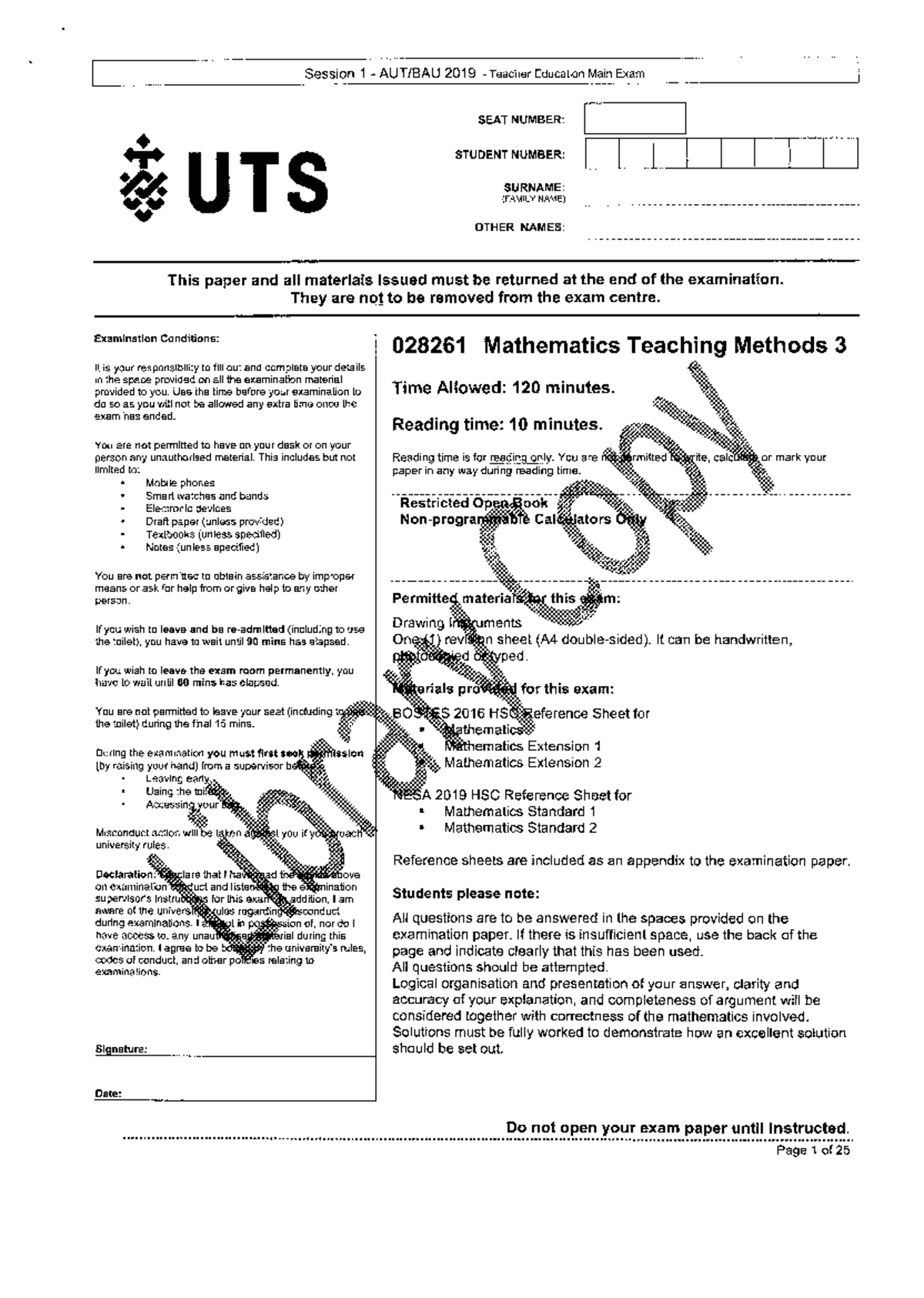 2019 Exam Paper - Session 1 -AUT/BAU 2019 -Teacher Education Main Exam ...