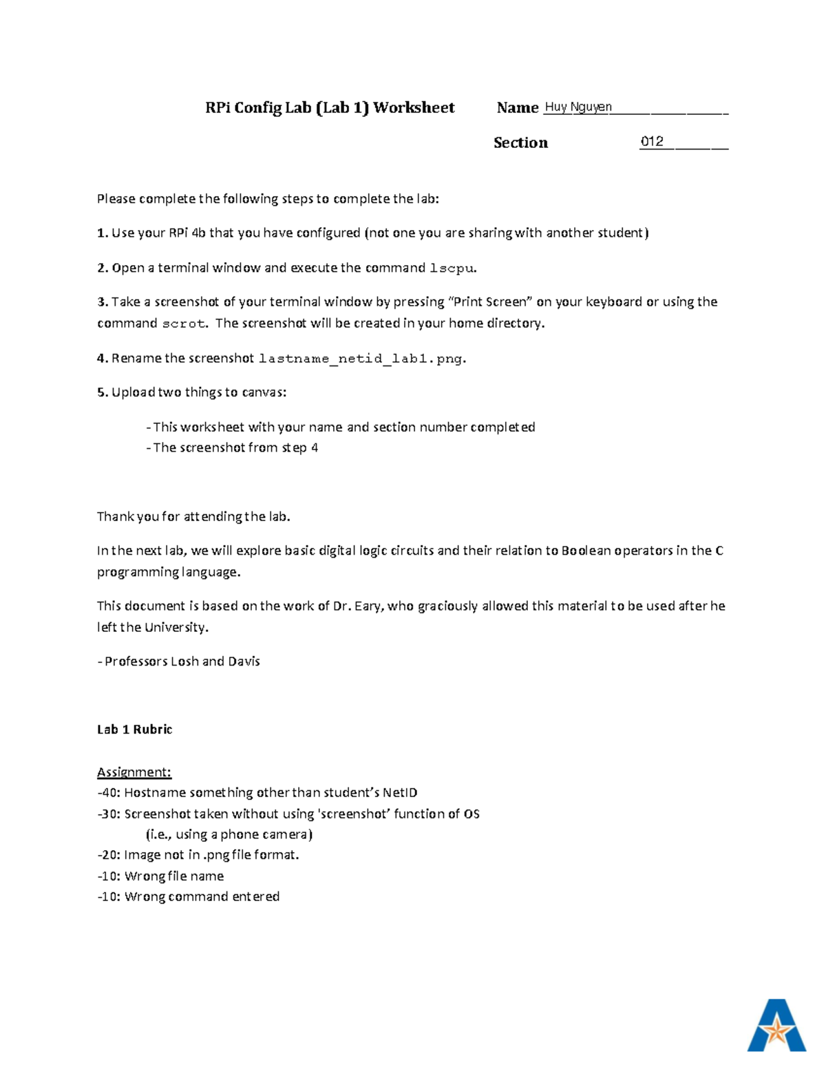 Lab 1 RPi Configuration (worksheet) - RPi Config Lab (Lab 1) Worksheet ...