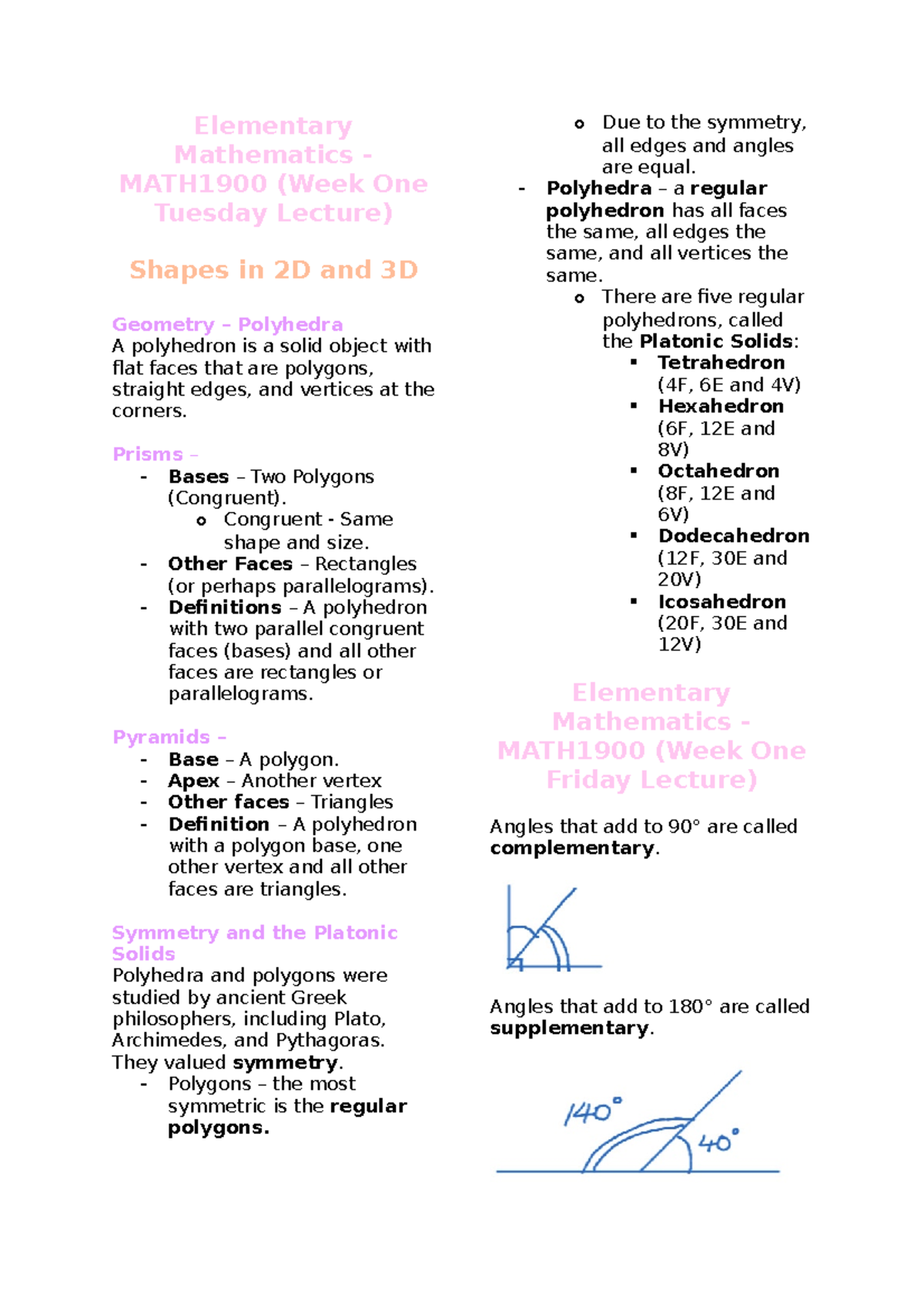 Week One Lectures (Tuesday and Friday) - Elementary Mathematics ...