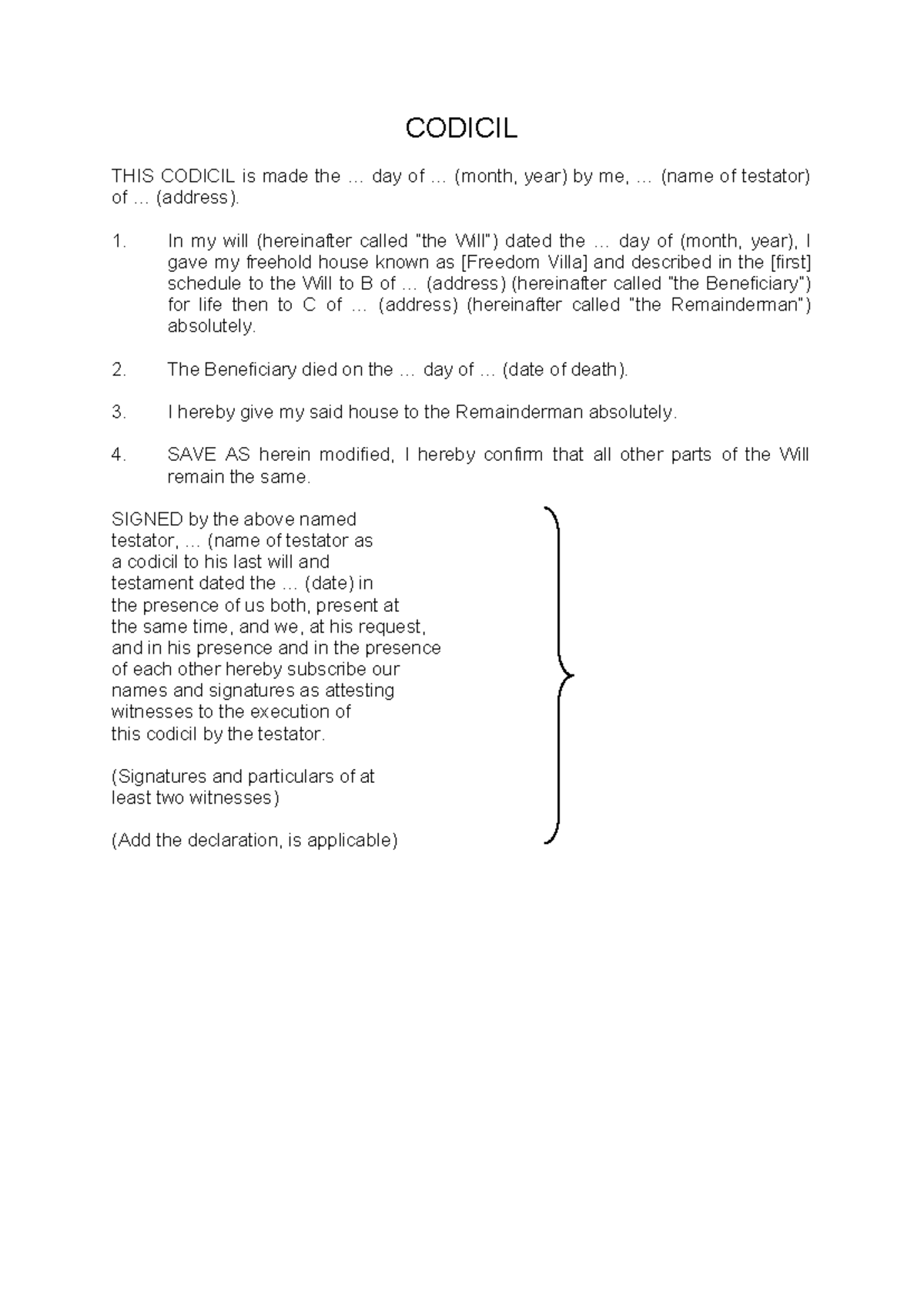 Codicil - This documents is under law of immovable property. - CODICIL THIS CODICIL is made the ...