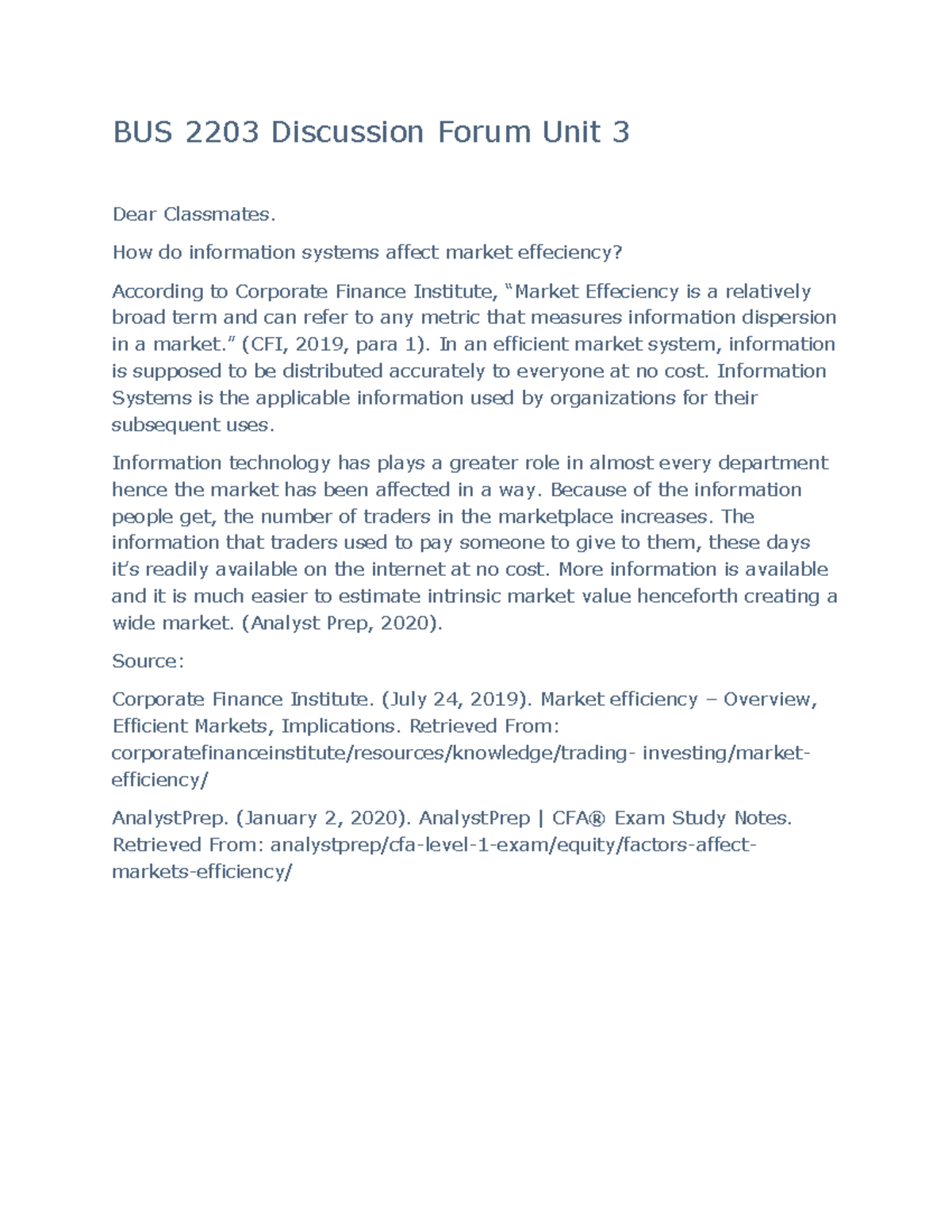 BUS 2203 Discussion Forum Unit 3 - BUS 2203 Discussion Forum Unit 3 ...