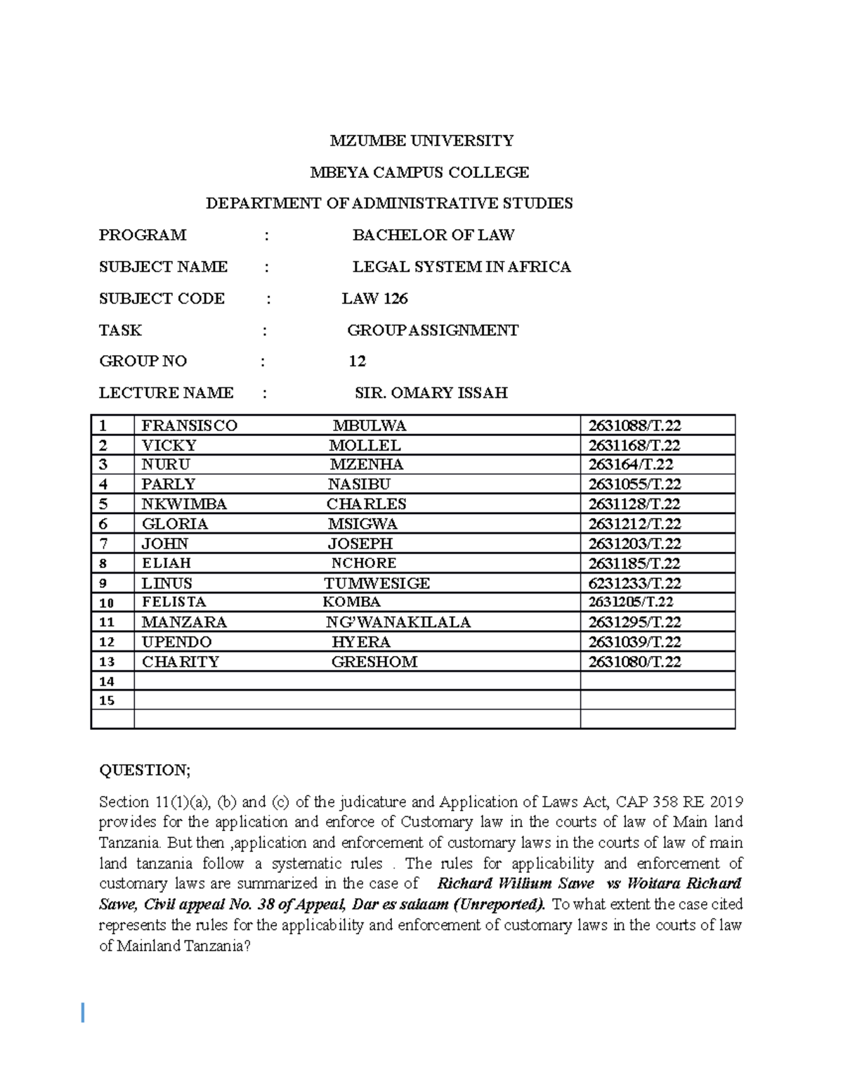 Mzumbe University - MZUMBE UNIVERSITY MBEYA CAMPUS COLLEGE DEPARTMENT ...