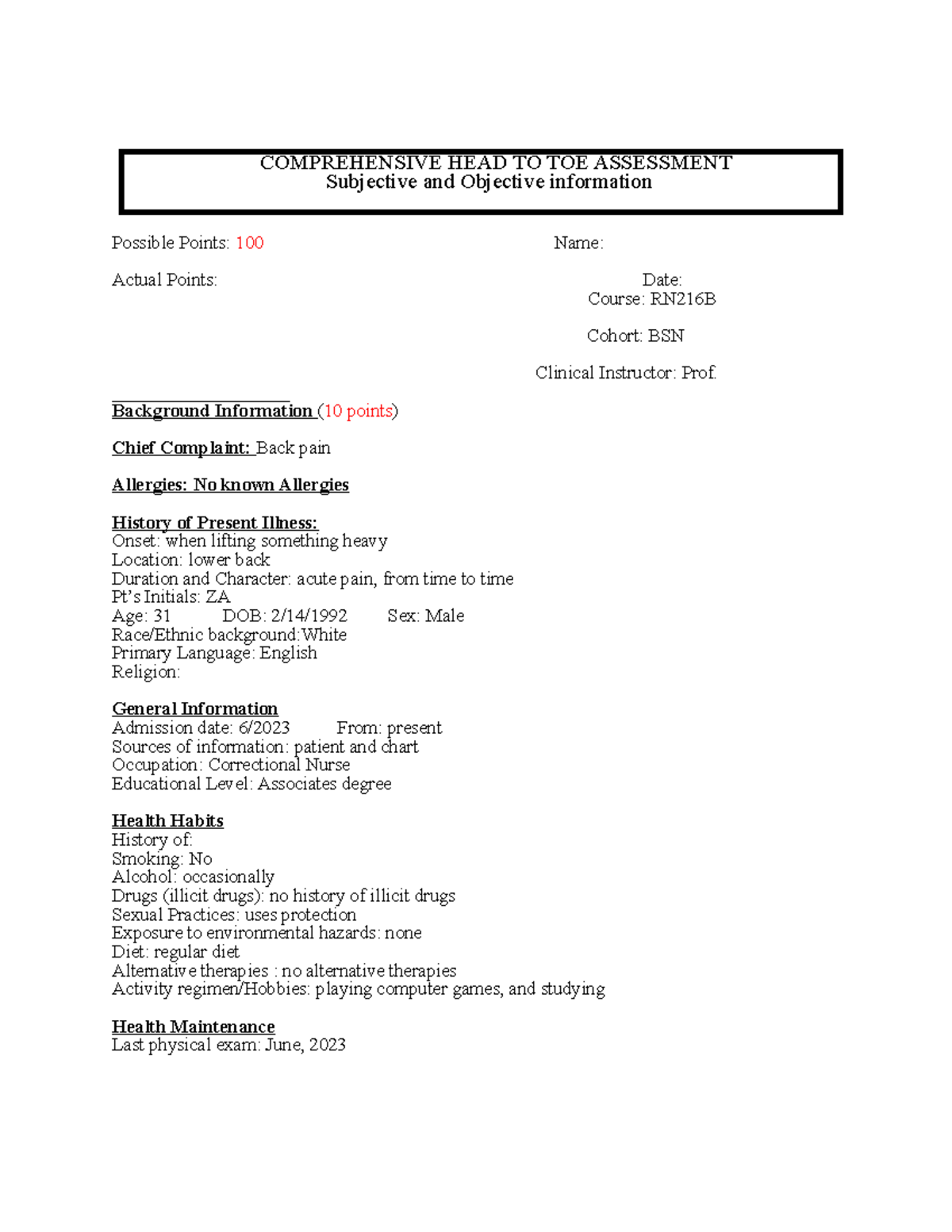 Comprehensive Head to Toe Physical Assessment - COMPREHENSIVE HEAD TO ...
