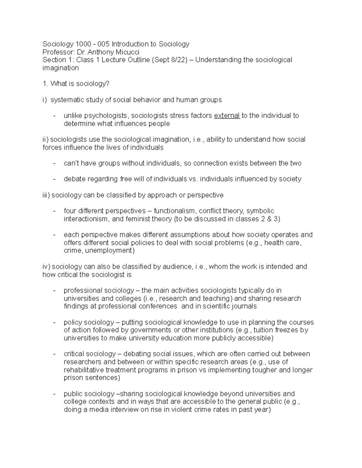 Class 1Lecture Outline.Sept8-22 - Sociology 1000 - 005 Introduction to ...