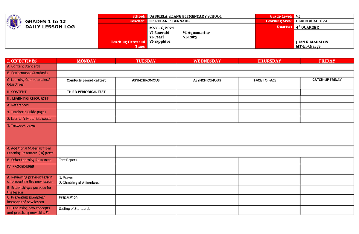 DLL PT - GRADES 1 to 12 DAILY LESSON LOG School: GABRIELA SILANG ...