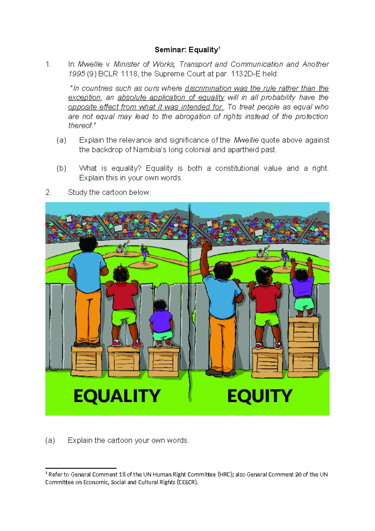 Equality Seminar - CLASS NOTES - Seminar: Equality 1 1. In Mwellie v ...