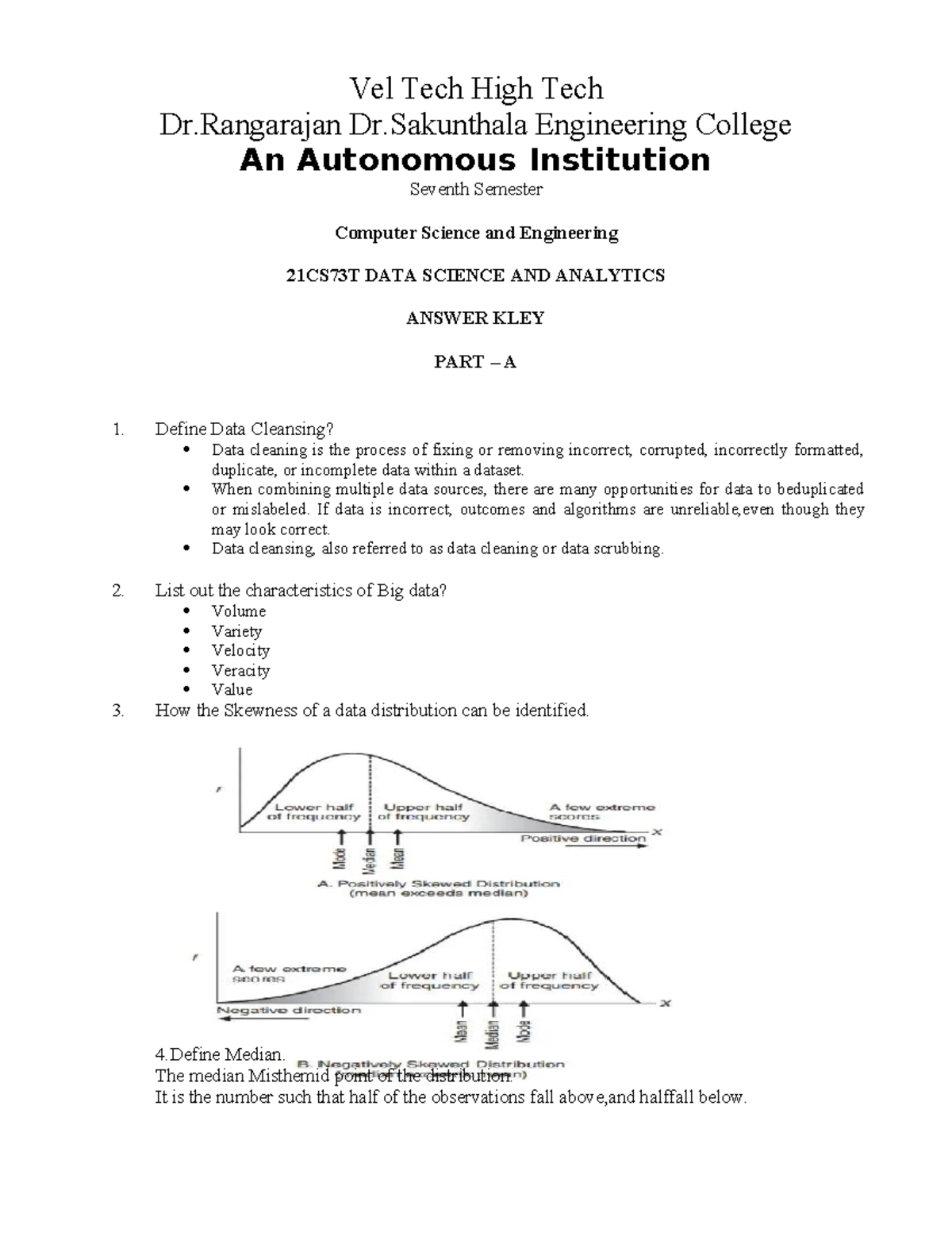 Datascience answer key-13 - Vel Tech High Tech Dr Dr Engineering College An Autonomous ...
