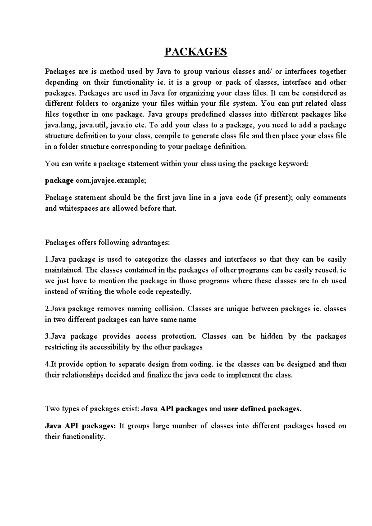Oop Class Note1 Java Packages Packages Offer The Following Advantages Two Types Of Packages 