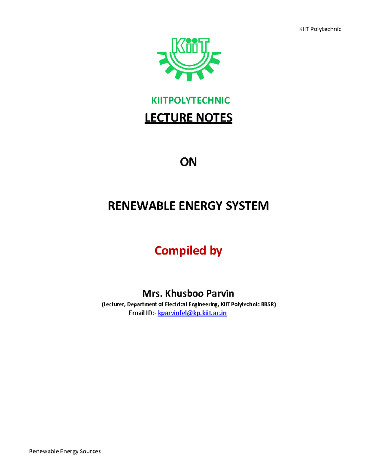 Sm 6th Sem Elect Renewable Energy System Kiitpolytechnic Lecture