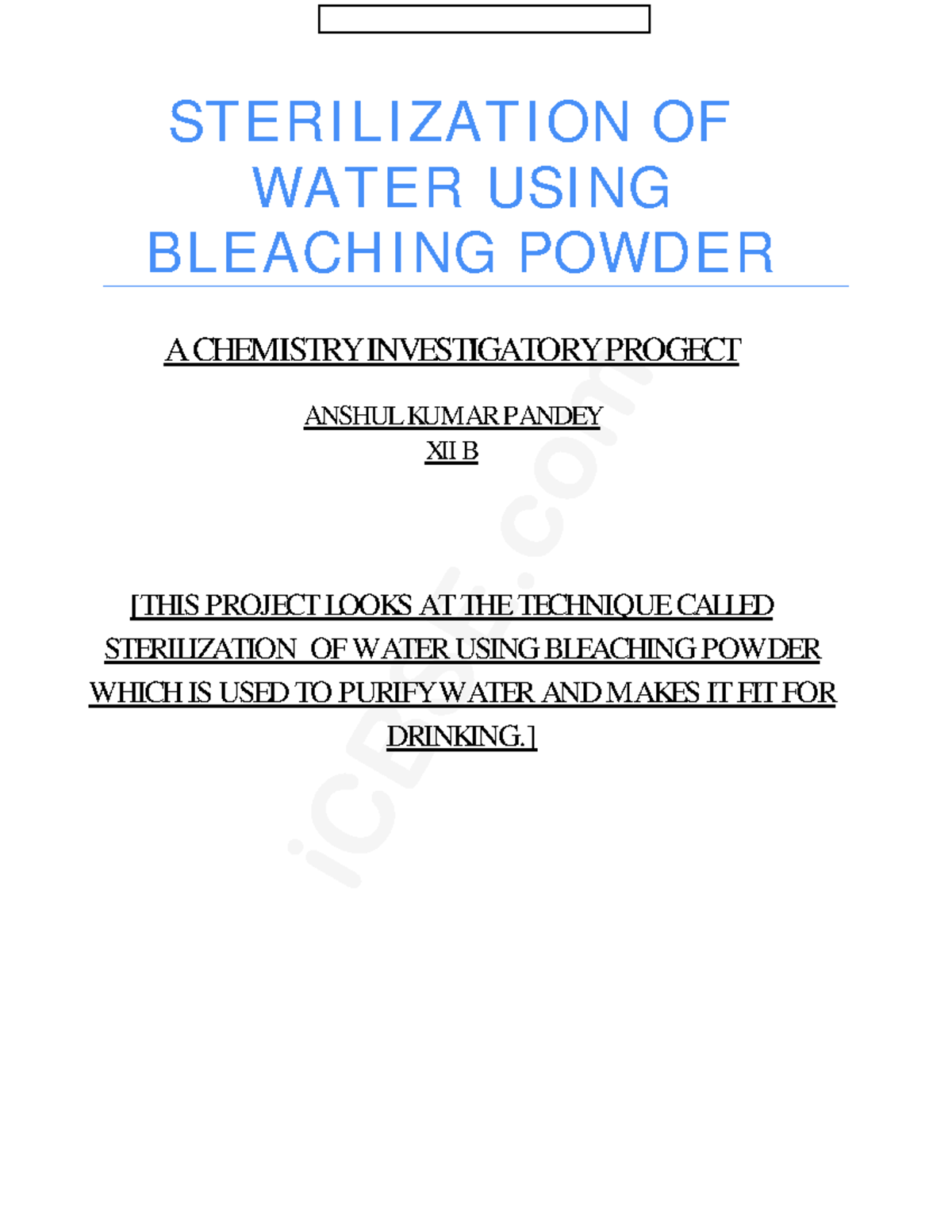 Icbse - Bleaching powder - ST ERI L I ZAT I ON OF WAT ER USI NG BL EACH ...