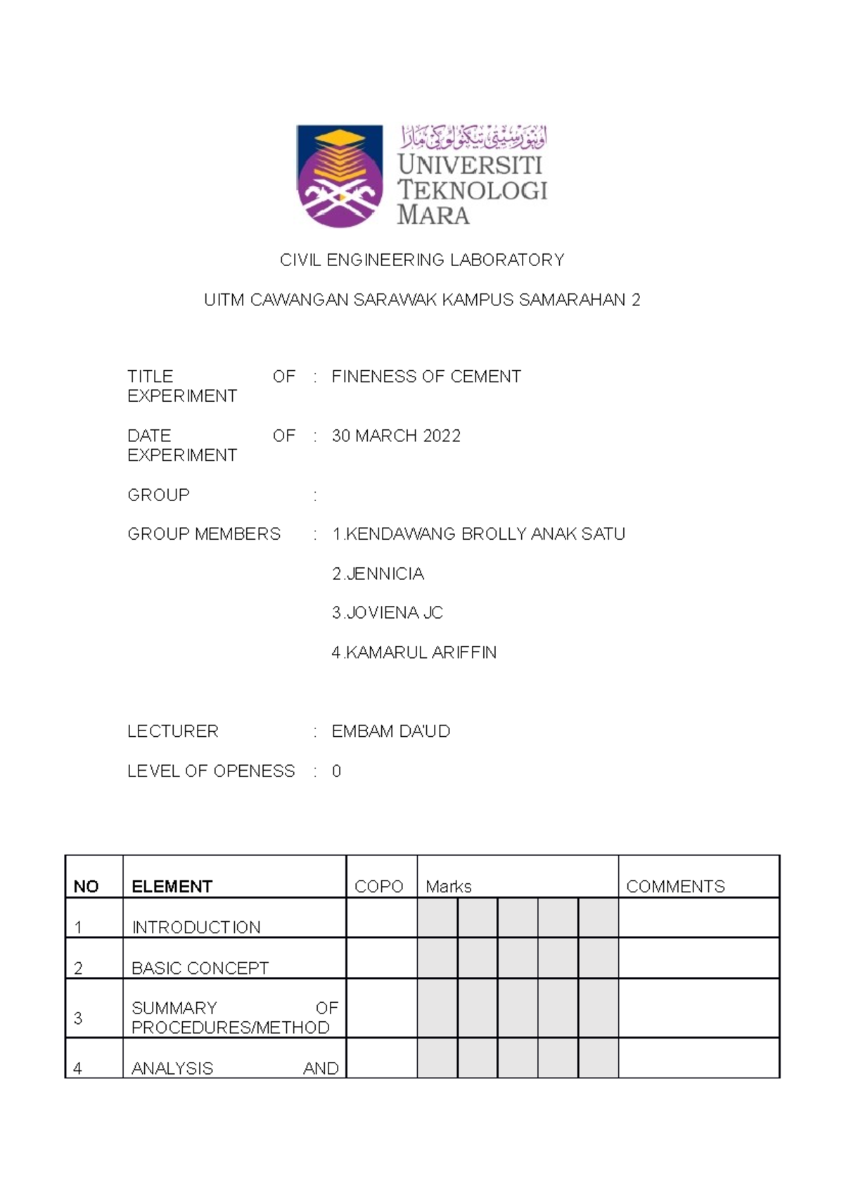 LAB 1 Fineness - lab 1 - CIVIL ENGINEERING LABORATORY UITM CAWANGAN SARAWAK KAMPUS SAMARAHAN 2 ...