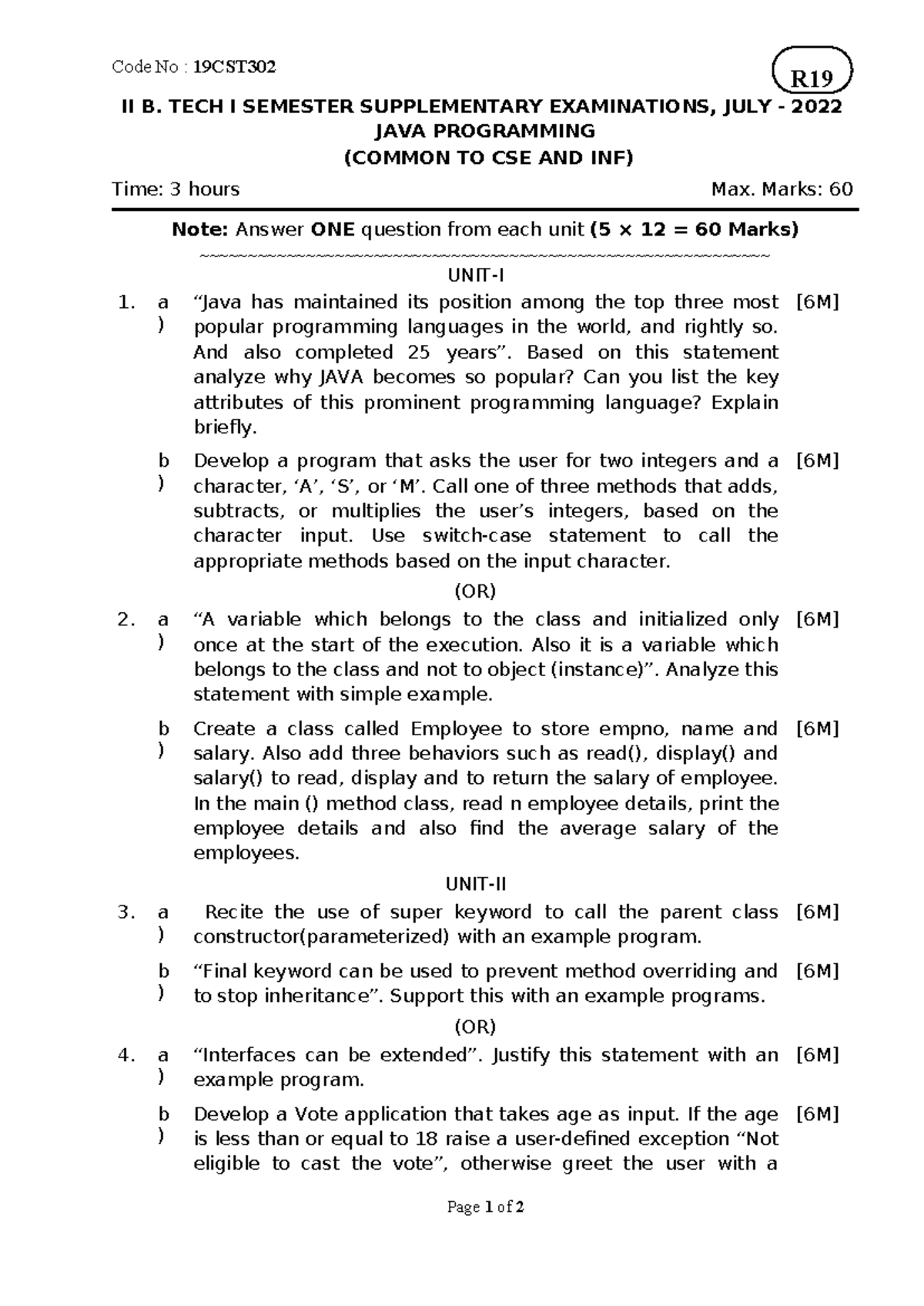 14-07-22-JAVA Programming-CSE&INF- Supply-R19 - R Code No : 19CST II B. TECH I SEMESTER - Studocu