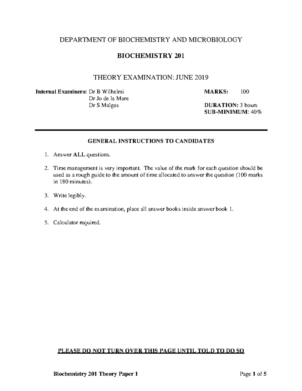 Biochemestry 201 Theory Paper 1 June 2019 - RHODES UNIVERSITY ...