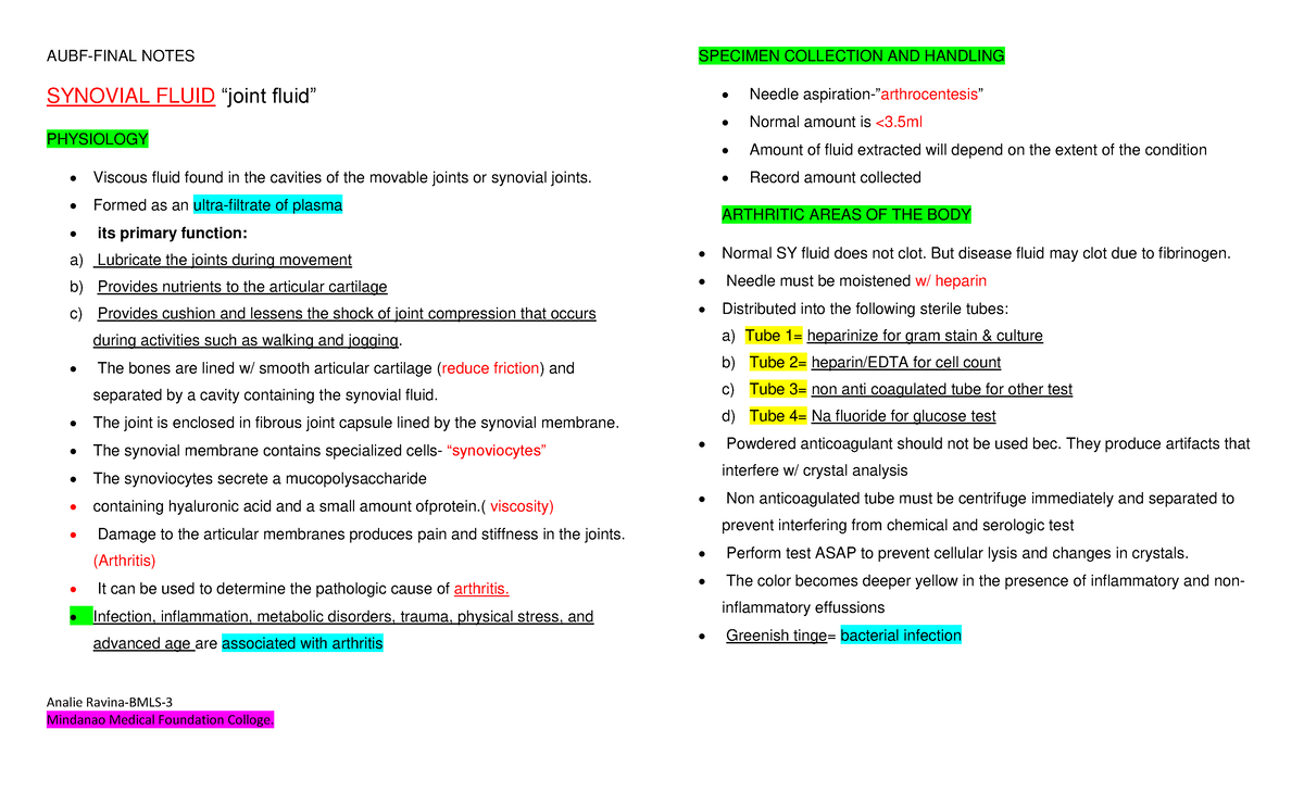 AUBF final notes - Analie Ravina-BMLS- AUBF-FINAL NOTES SYNOVIAL FLUID ...