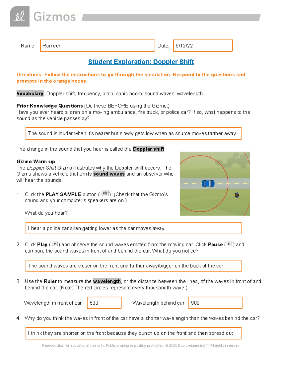 Doppler Shift gizmo - Name: Rameen Date: 9/12/ Student Exploration: Doppler Shift Directions ...