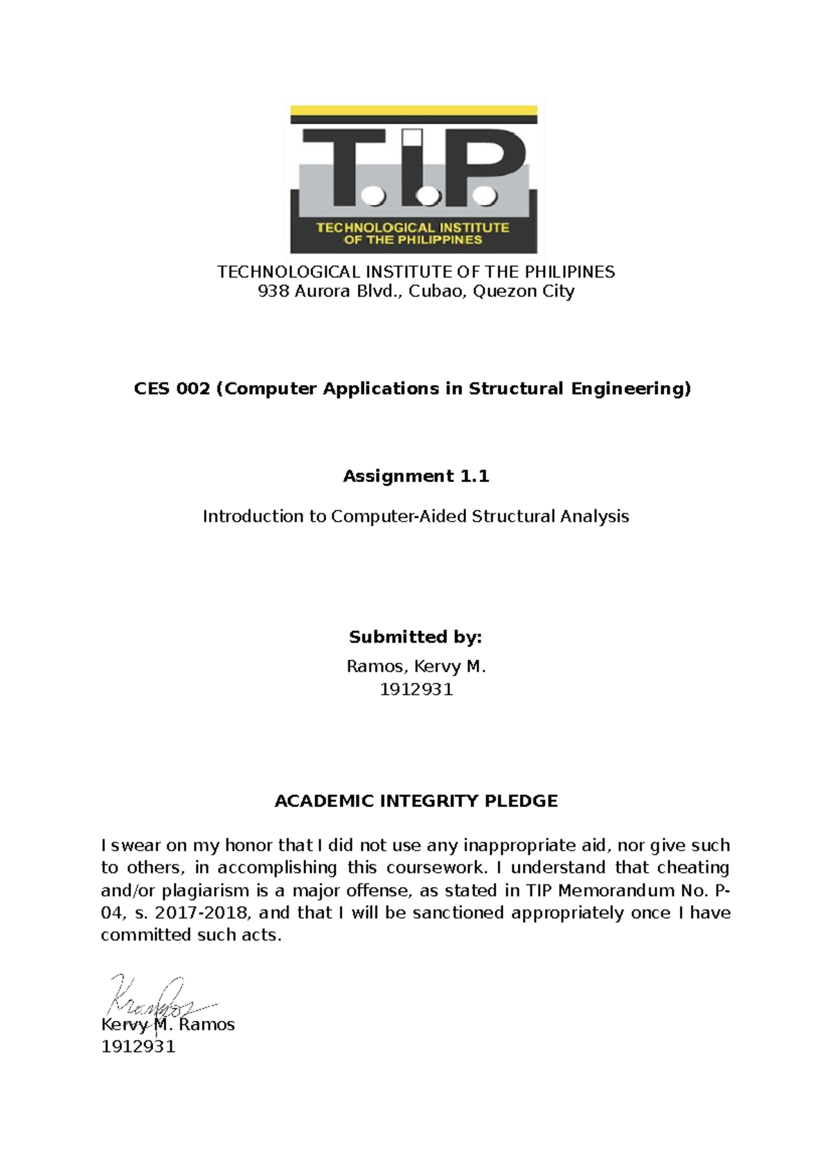 Assignment 1: Introduction to Computer-Aided Structural Analysis ...