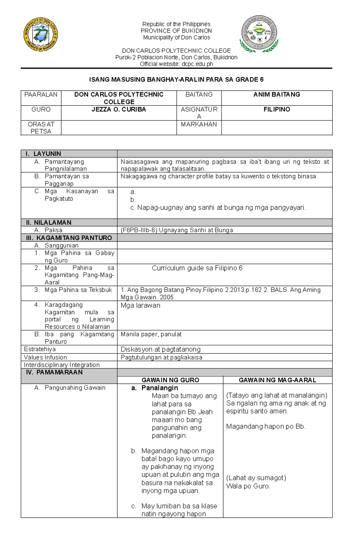 G1- Filipino-NEW - To look for the content of the dlp of filipino ...