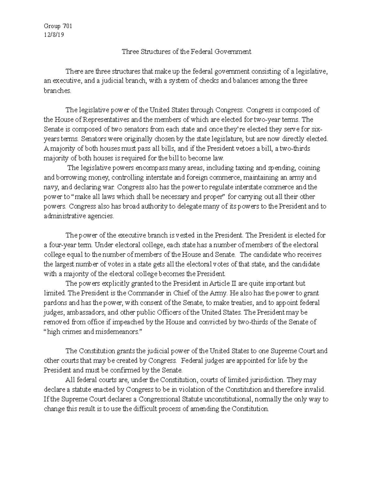 Three Structures of the Federal Government - Group 701 12/8/ Three ...