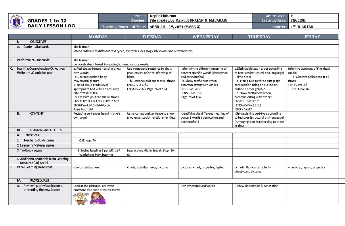 DLL English 5 Q4 W3 - GRADES 1 to 12 DAILY LESSON LOG School: DepEdClub ...