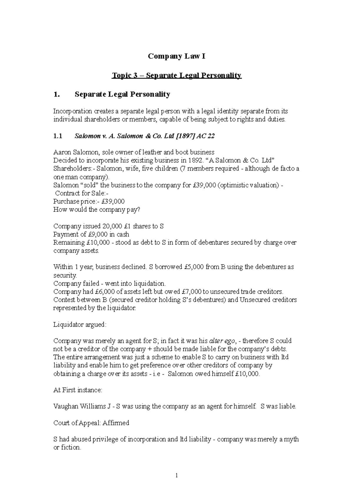 Company 1 Topic 3 - Separate Legal Personality - Company Law I Topic 3 ...