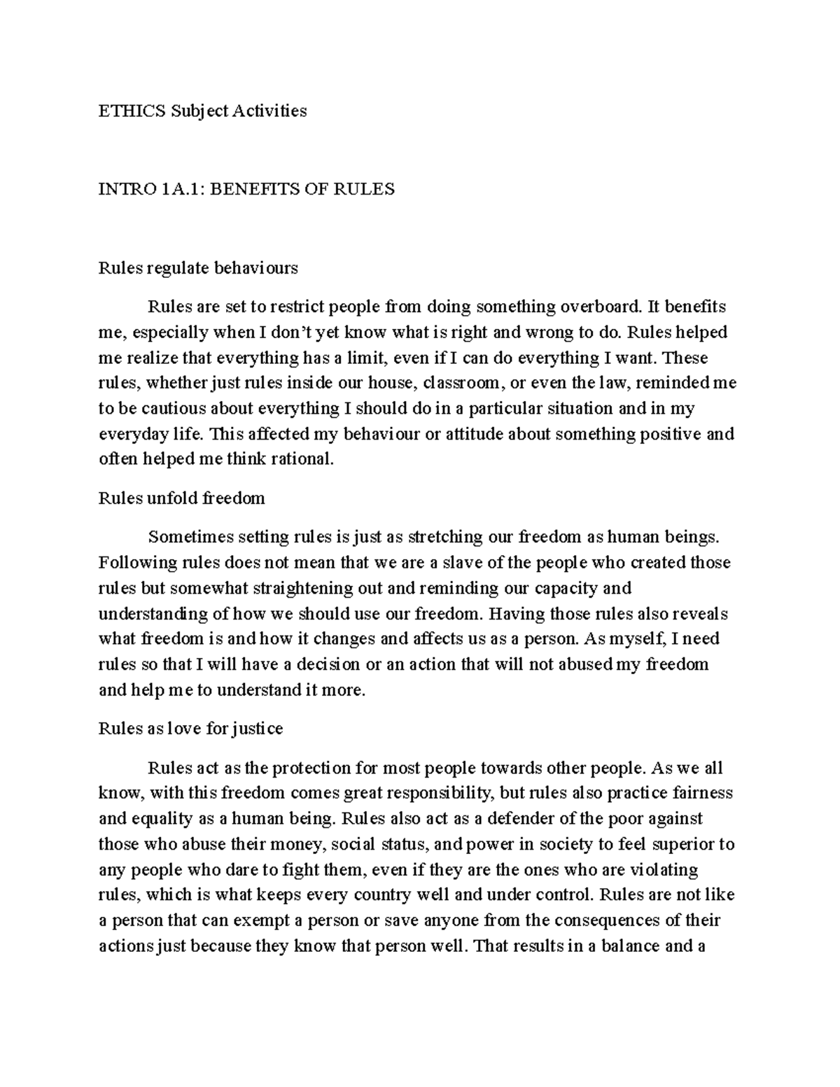 Ethics Subject Activities - ETHICS Subject Activities INTRO 1A ...