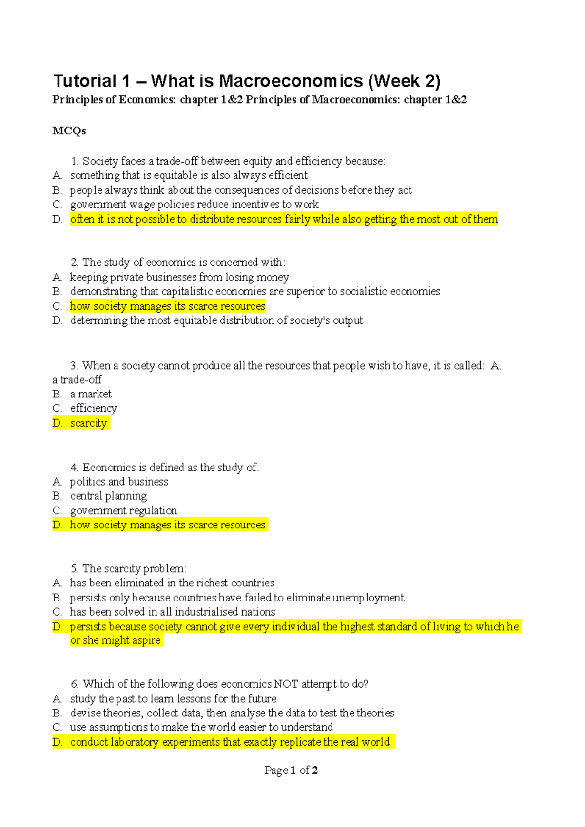 Tut1 (Week 2) Questions-1 - Tutorial 1 – What is Macroeconomics (Week 2) Principles of Economics ...