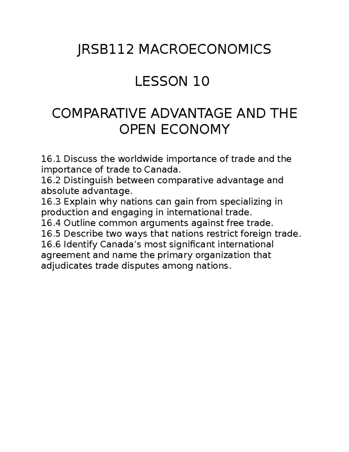 Chapter 16 - Lecture notes 10 - JRSB112 MACROECONOMICS LESSON 10 ...