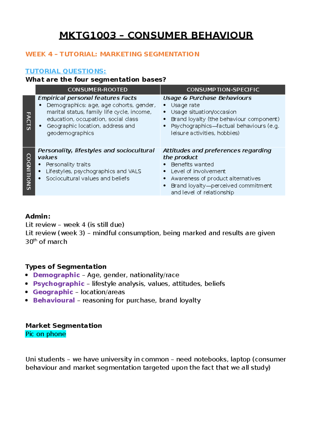 Tutorial - Marketing Segmentation - MKTG1003 – CONSUMER BEHAVIOUR WEEK 4 – TUTORIAL: MARKETING ...
