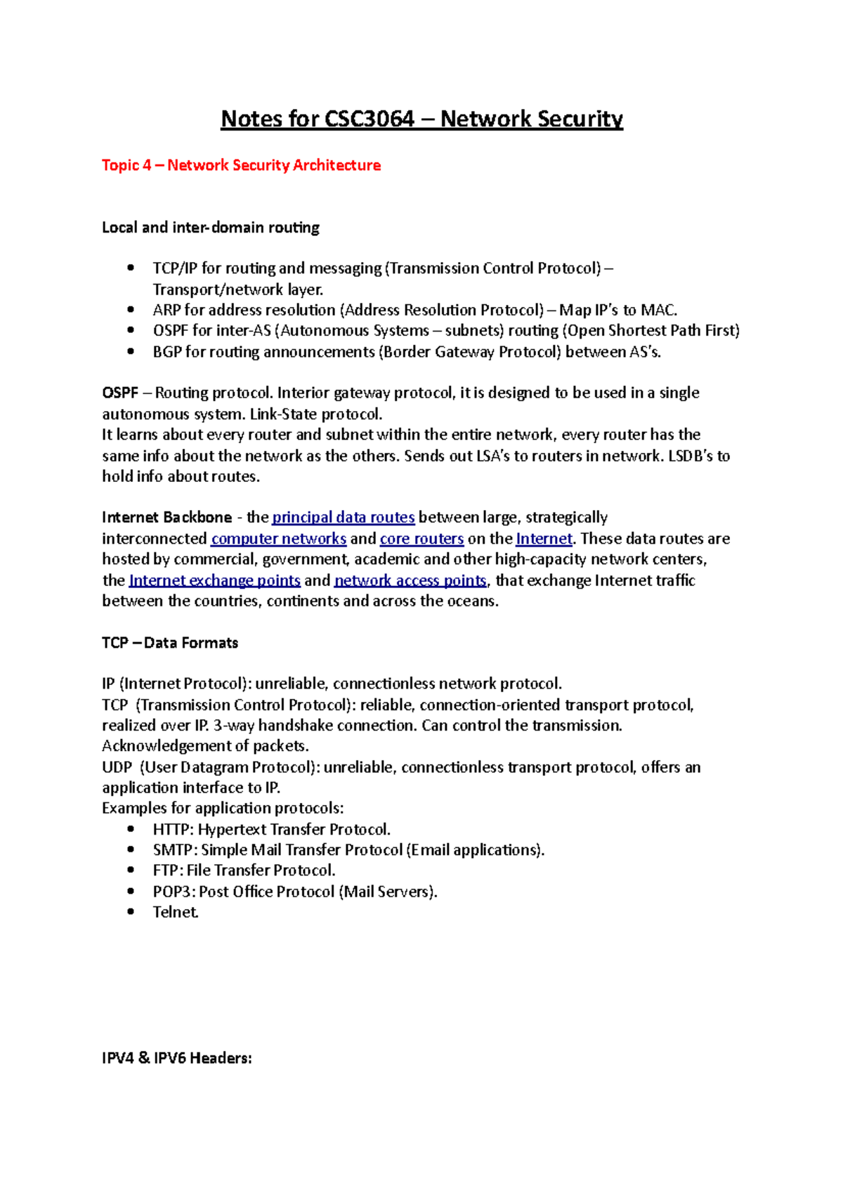 CSC3064 Network Security notes for topics 4 - Notes for CSC3064 ...