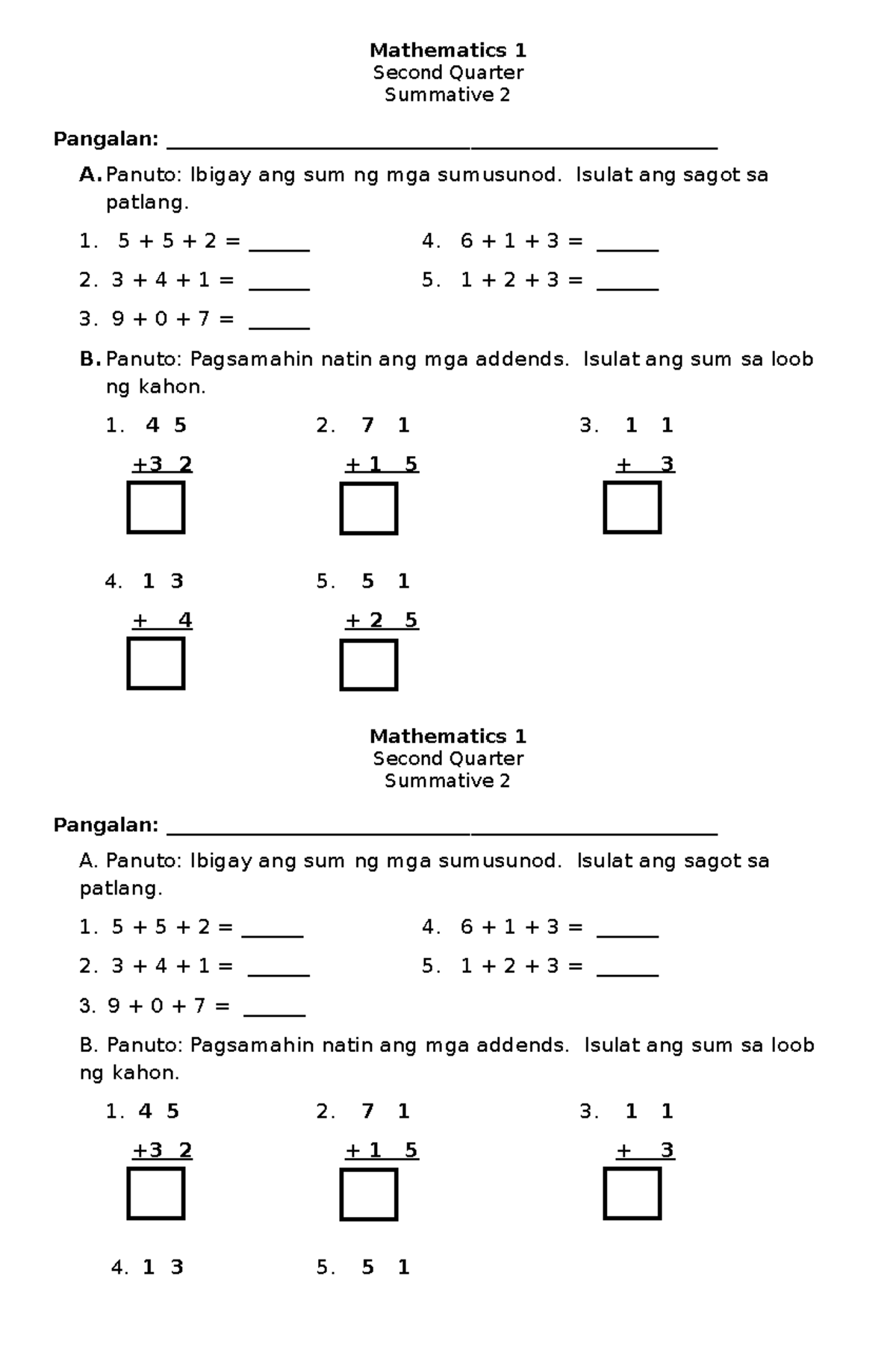 Math Q2 Summative 2 - Mathematics 1 Second Quarter Summative 2 Pangalan ...