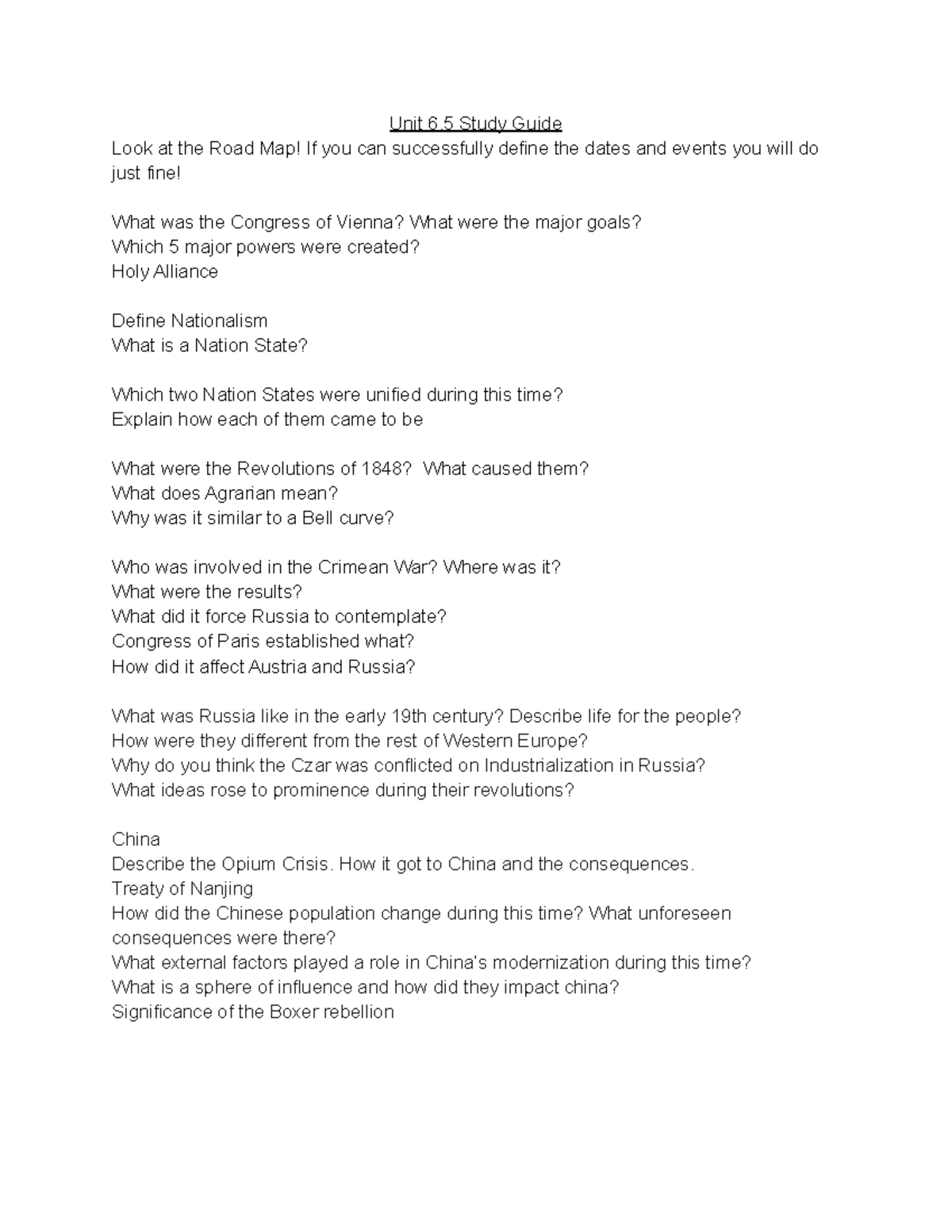 Unit 6.5 Study Guide - Work - Unit 6 Study Guide Look at the Road Map ...