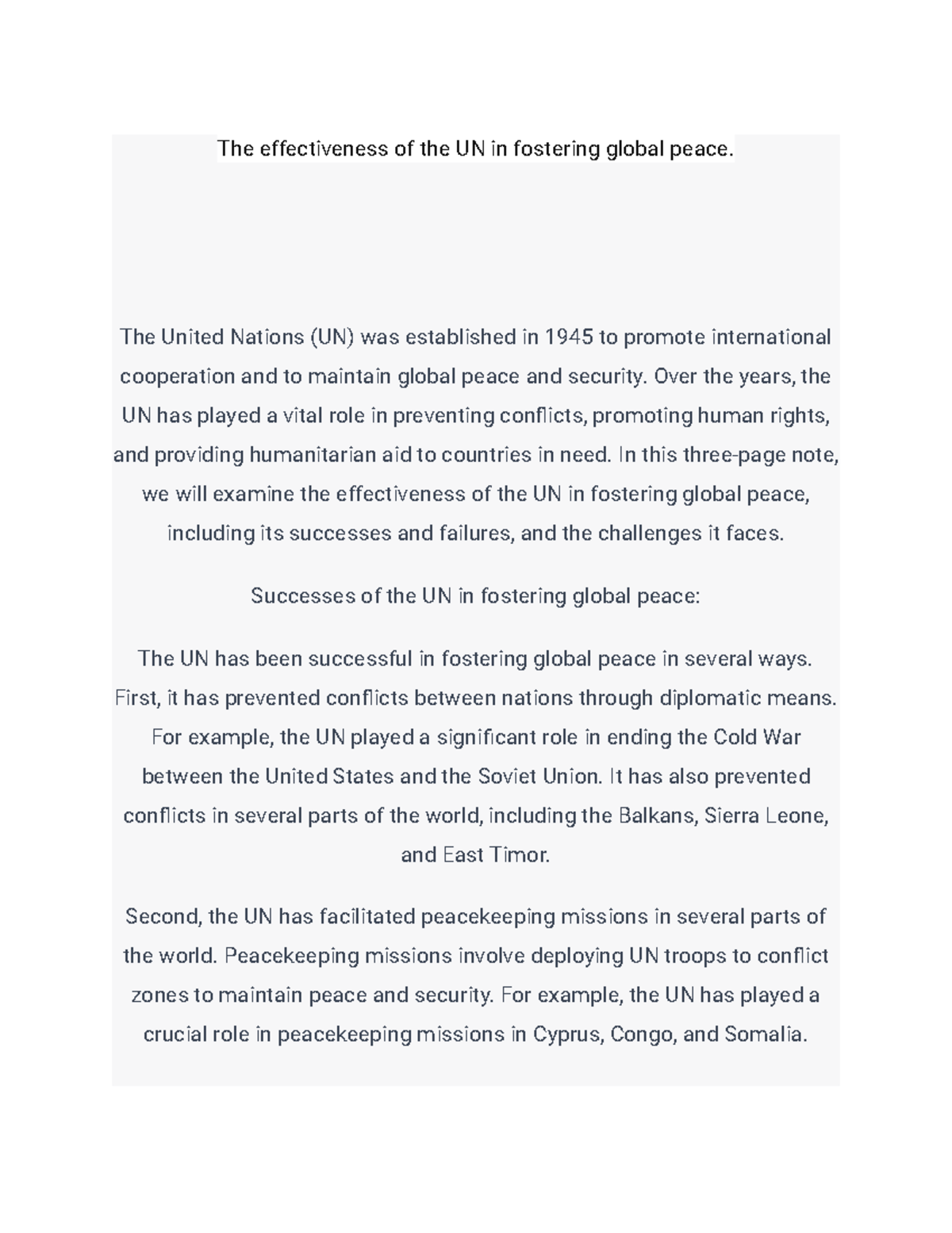 The effectiveness of the UN in fostering global peace - The United ...