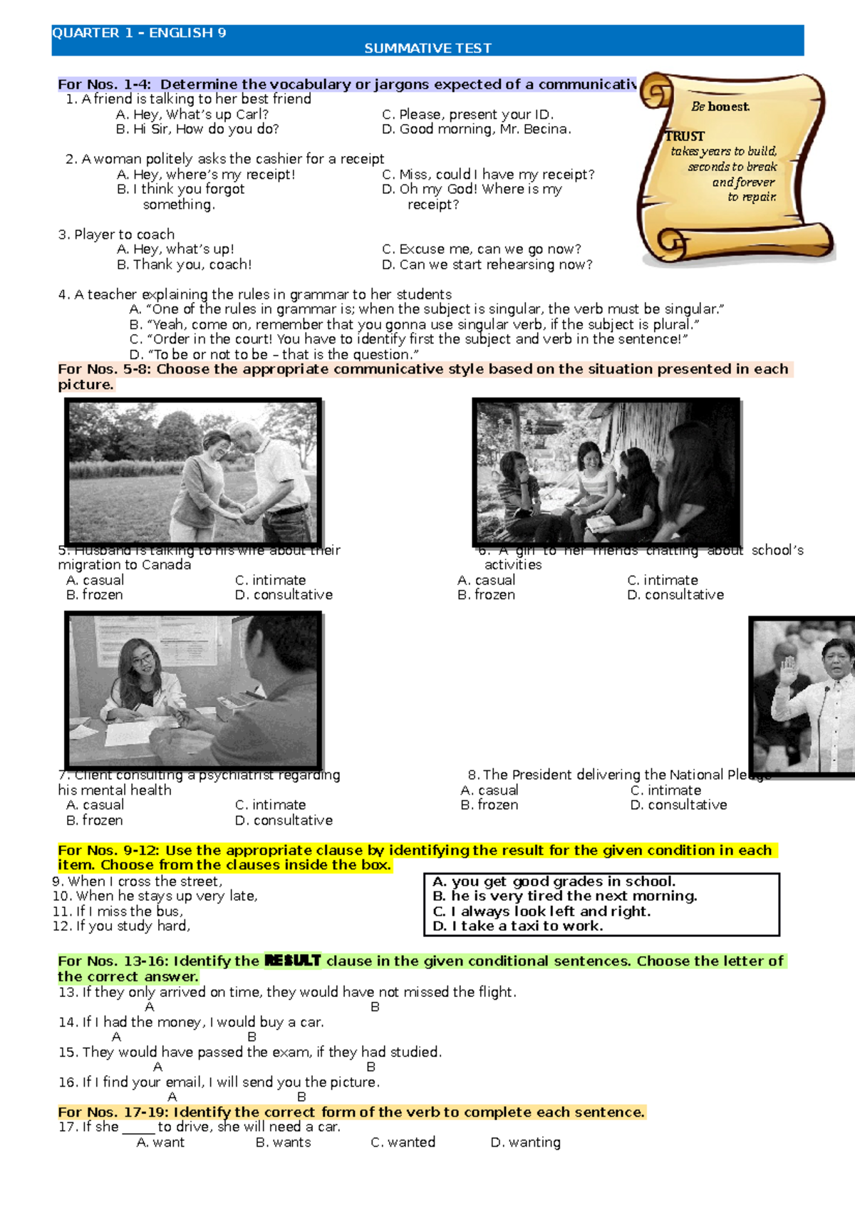 English-9-Q1- Summative - QUARTER 1 – ENGLISH 9 SUMMATIVE TEST For Nos ...
