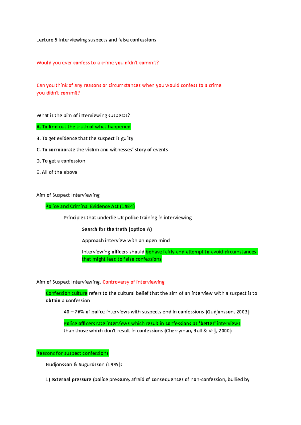 Lecture 9 Interviewing Suspects And False Confessions Lecture 9