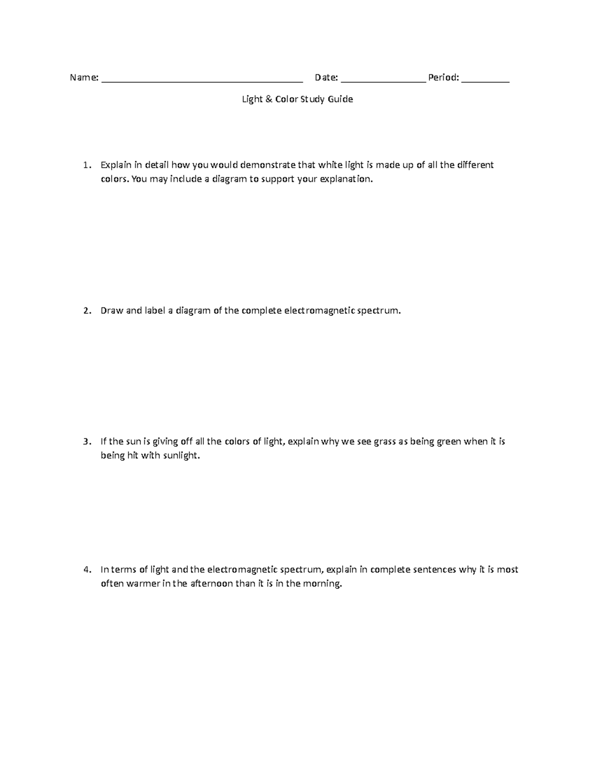 Light & Color Study Guide 2023 - Name ...