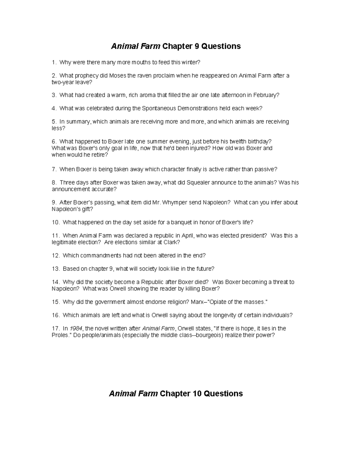 Animal Farm Chapter 9 and 10 Questions - Animal Farm Chapter 9 ...