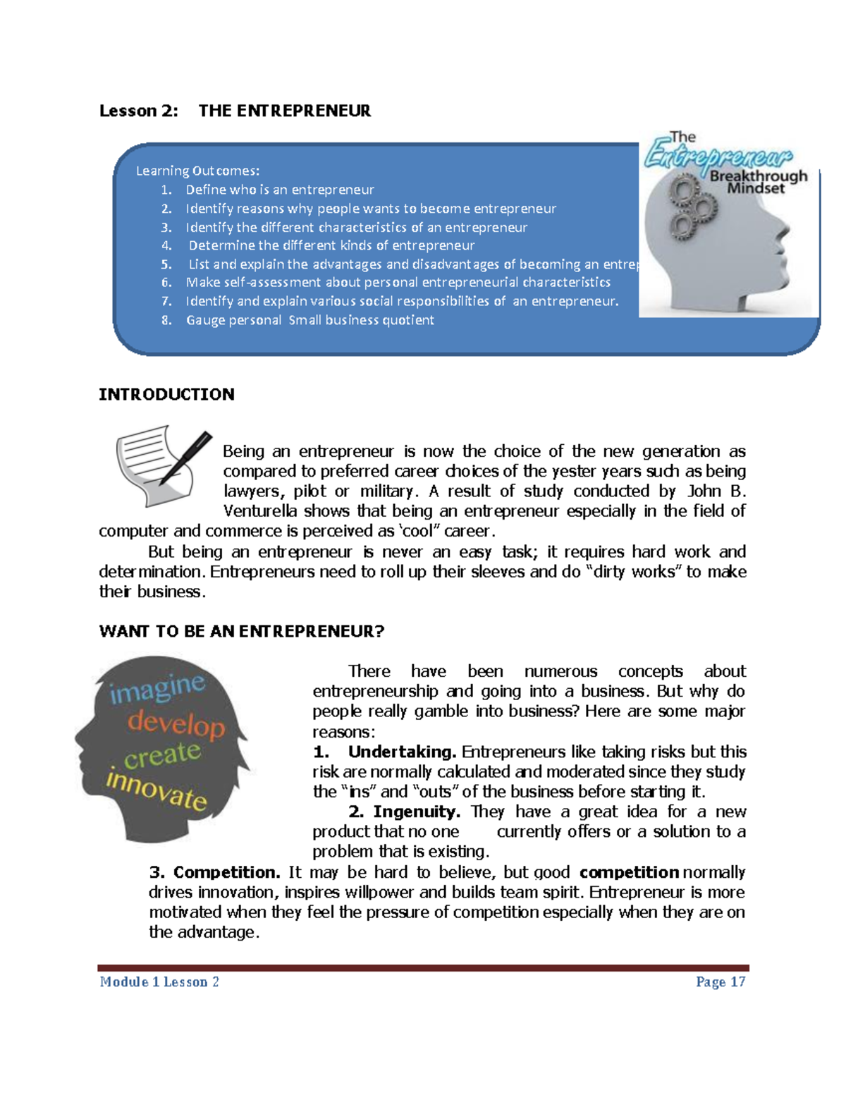 THE Entrepreneur - Lesson 2: THE ENTREPRENEUR INTRODUCTION Being an ...
