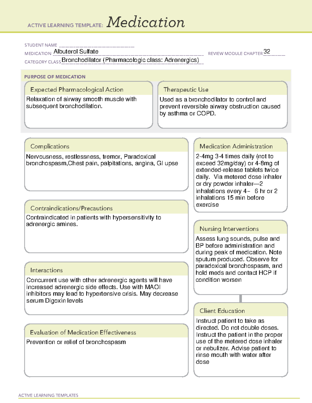 Albuterol - n/a - ACTIVE LEARNING TEMPLATES Medication STUDENT NAME ...