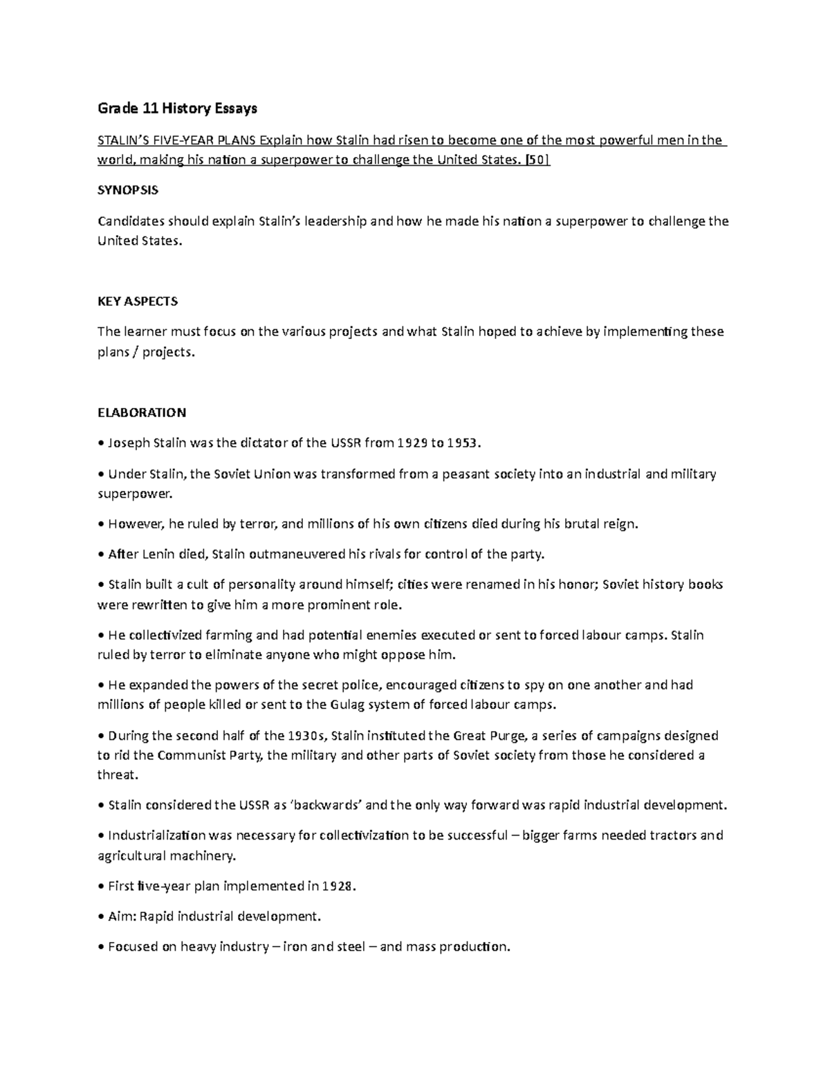 Joesph Stalin 5 Year Plan Gr11 History Essay Grade 11 History Essays