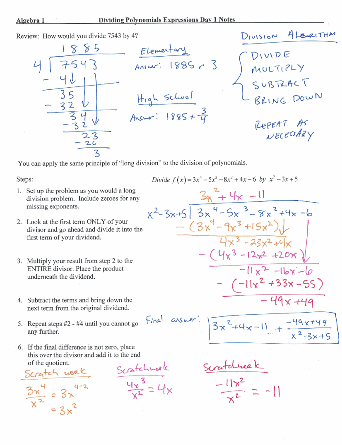 Dividing Polynomials Day 1 - Algebra 1 Dividing Polynomials Expressions ...