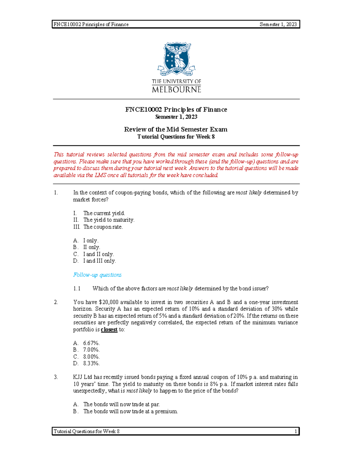 MST 2023 Exam Review - FNCE10002 Principles of Finance Semester 1, 2023 ...