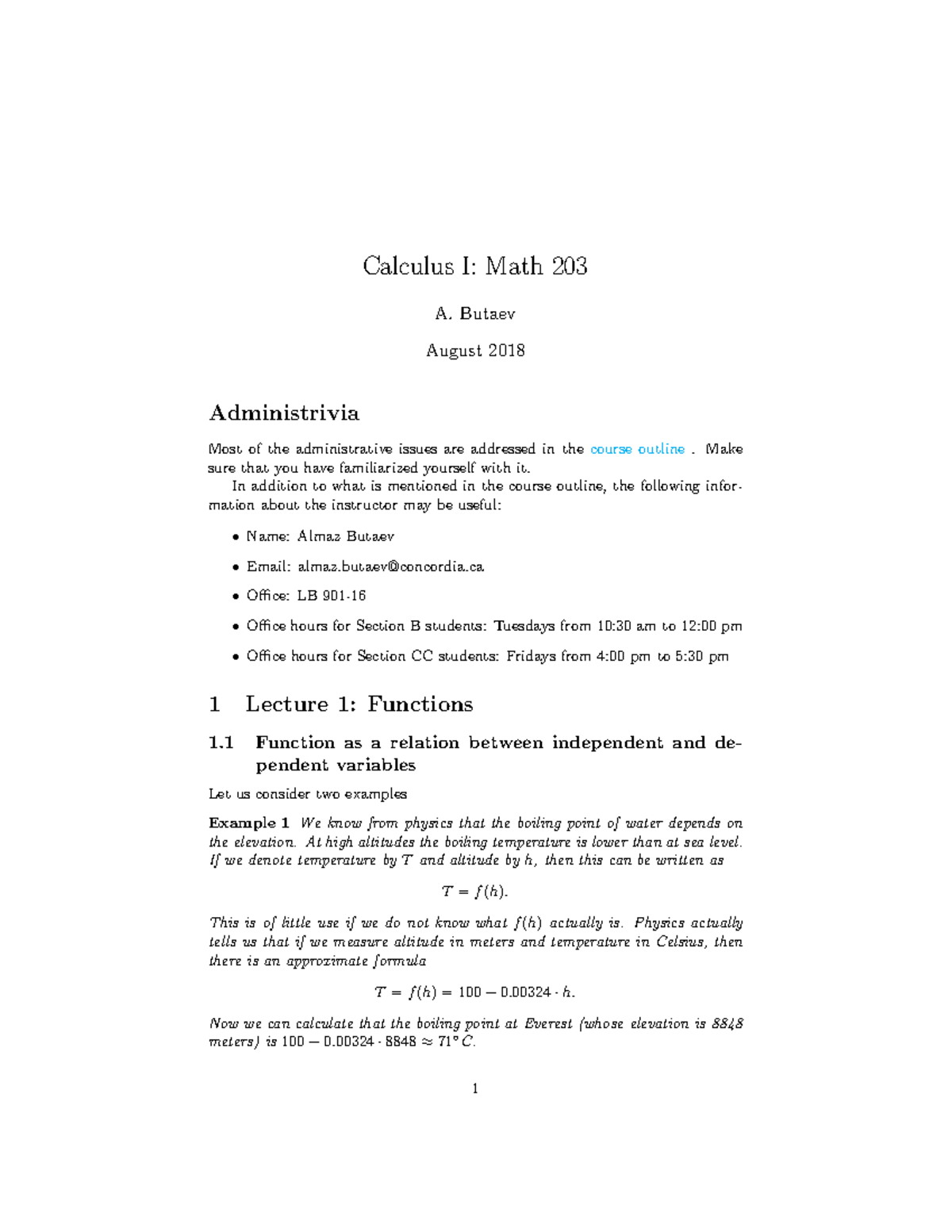Lecture 1 Notes - Calculus I: Math 203 A. Butaev August 2018 ...
