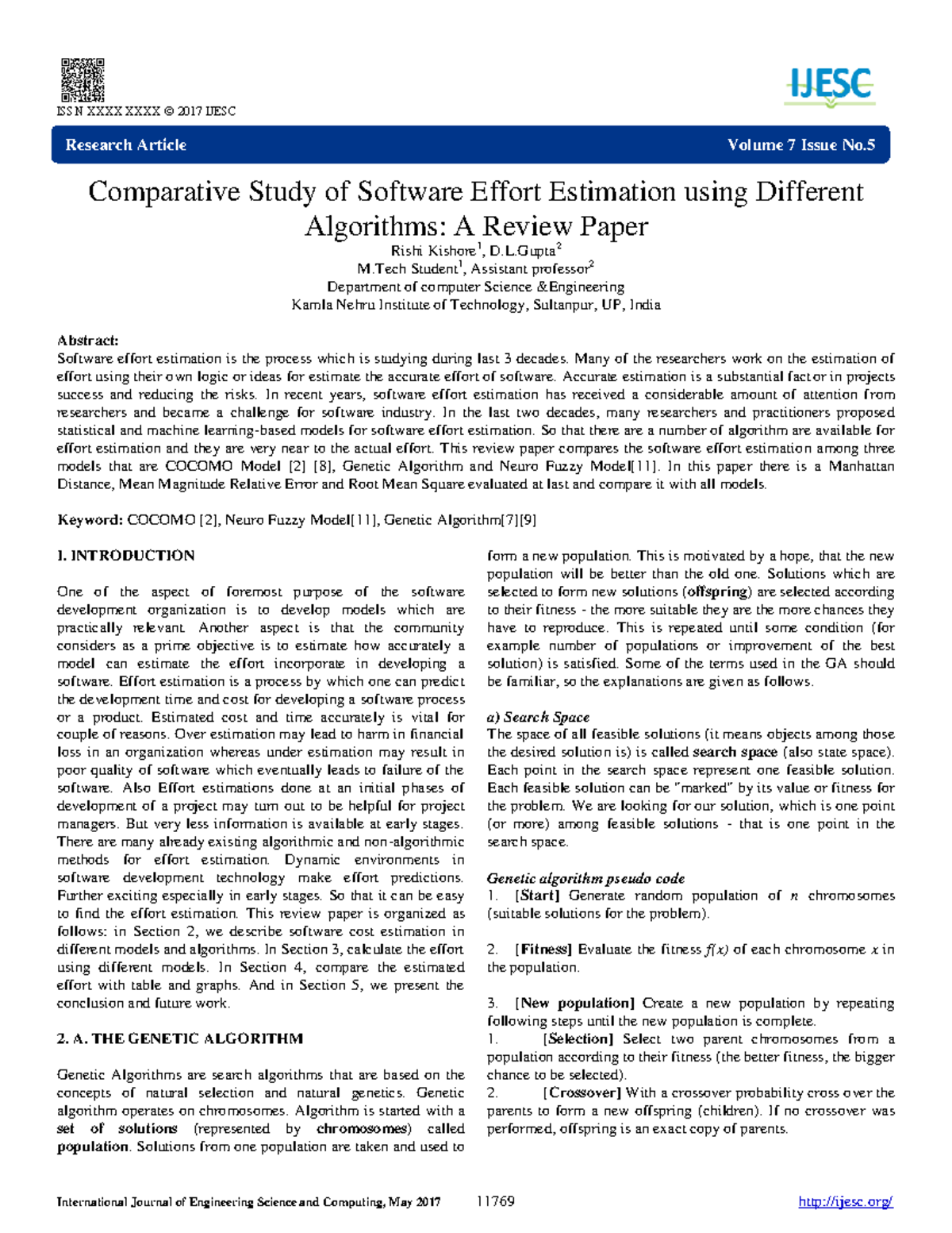 Comparative Study of Software Effort Estimation using Different Algorithms A Review Paper - ISSN ...