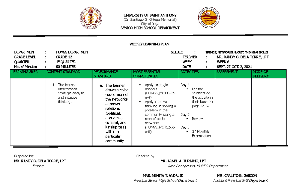 WEEK-8 - Learning Plan for a week - UNIVERSITY OF SAINT ANTHONY (Dr ...